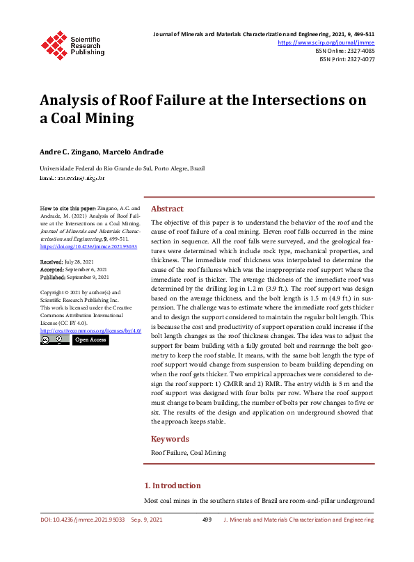 (PDF) Analysis of Roof Failure at the Intersections on a Coal Mining