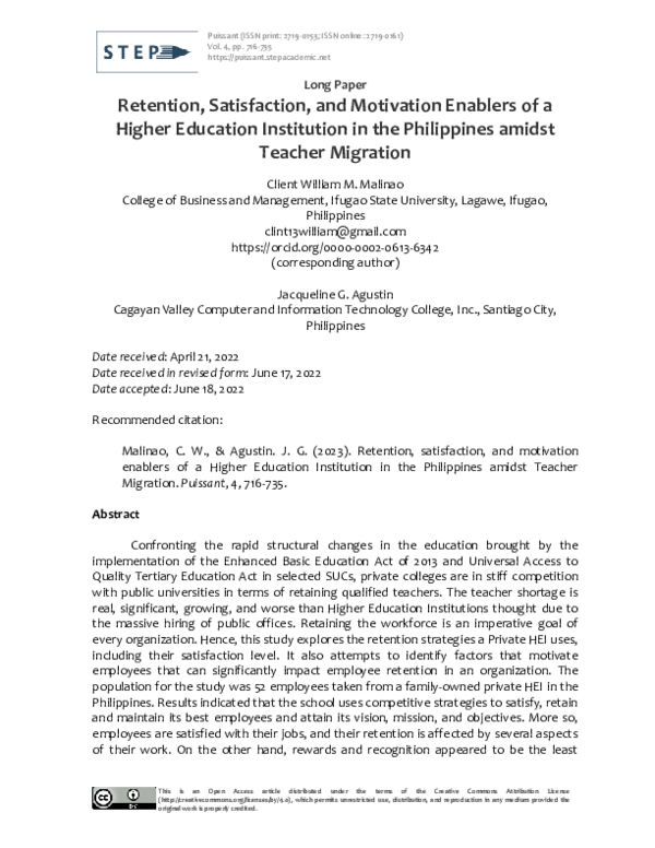 (PDF) Retention, Satisfaction, and Motivation Enablers of a Higher Education Institution in the ...