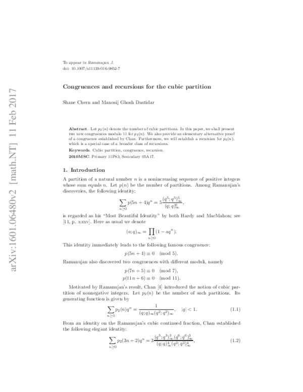 Pdf Congruences And Recursions For The Cubic Partition