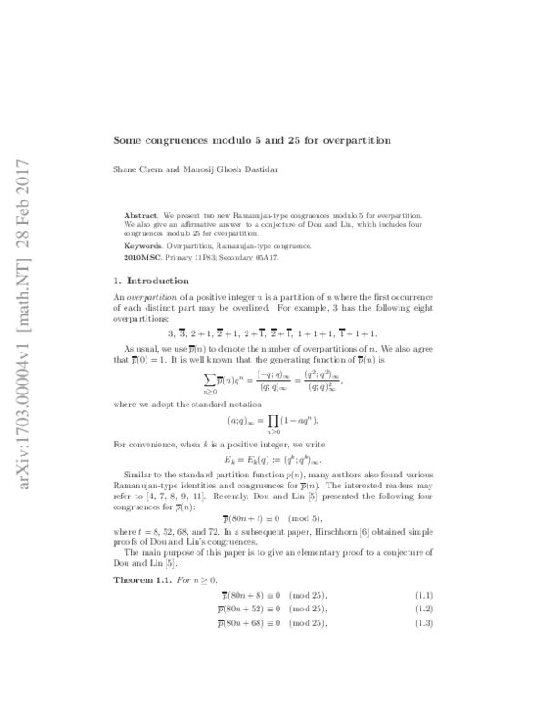 (PDF) Some congruences modulo 5 and 25 for overpartitions