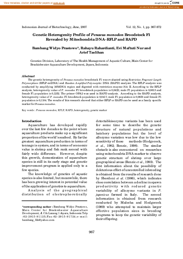 (PDF) Genetic Heterogenity Profile of Penaeus monodon Broodstock F1 ...