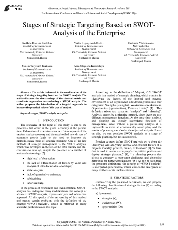 (PDF) Stages of Strategic Targeting Based on SWOT-Analysis of the ...