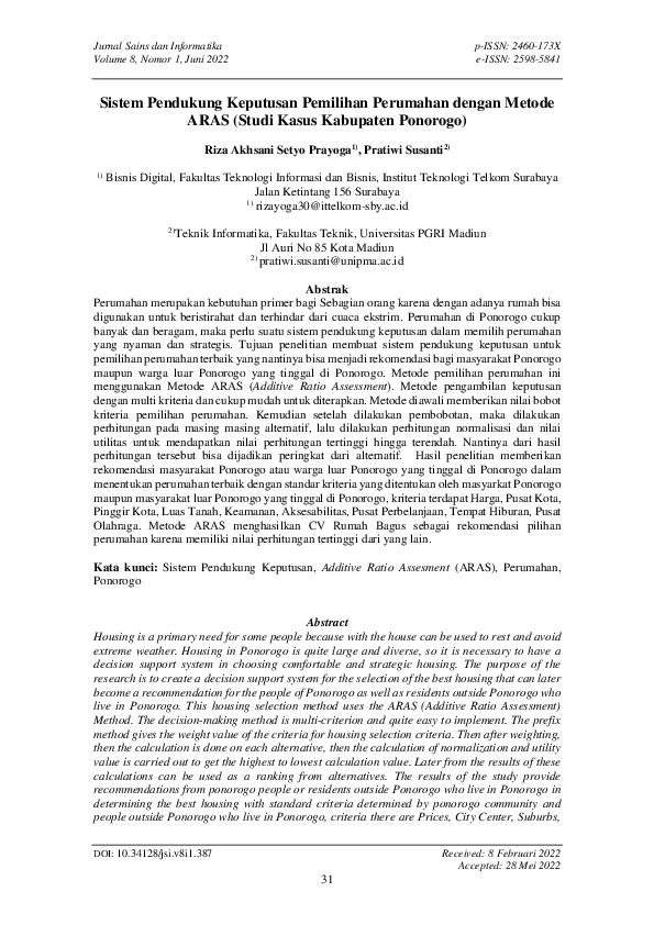 (PDF) Sistem Pendukung Keputusan Pemilihan Perumahan dengan Metode ARAS ...