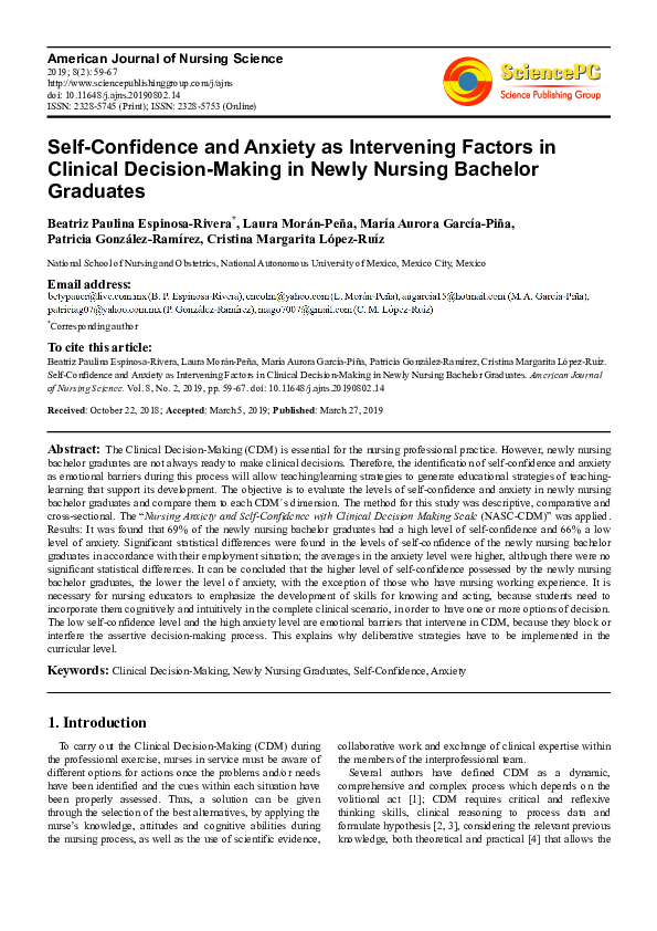 (PDF) Self-Confidence and Anxiety as Intervening Factors in Clinical Decision-Making in Newly ...