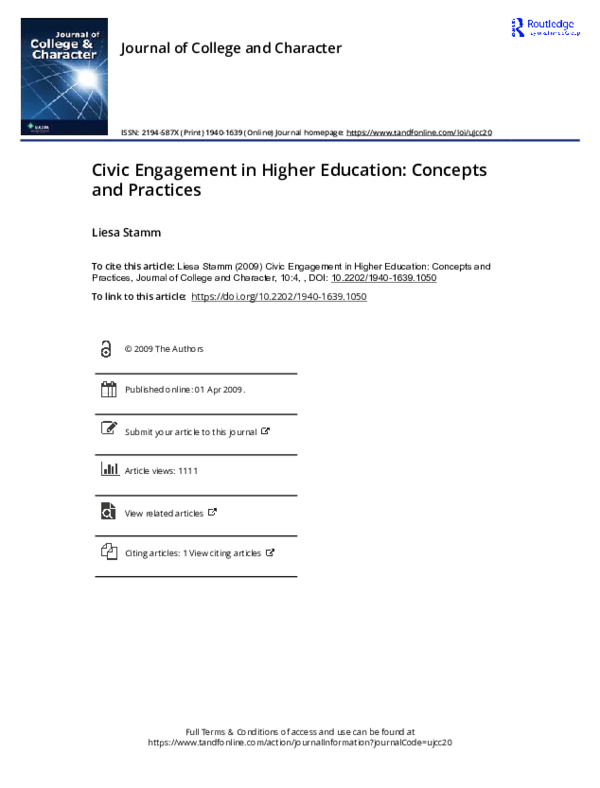 (PDF) Civic Engagement in Higher Education: Concepts and Practices