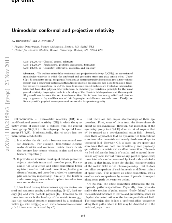 Pdf Unimodular Conformal And Projective Relativity
