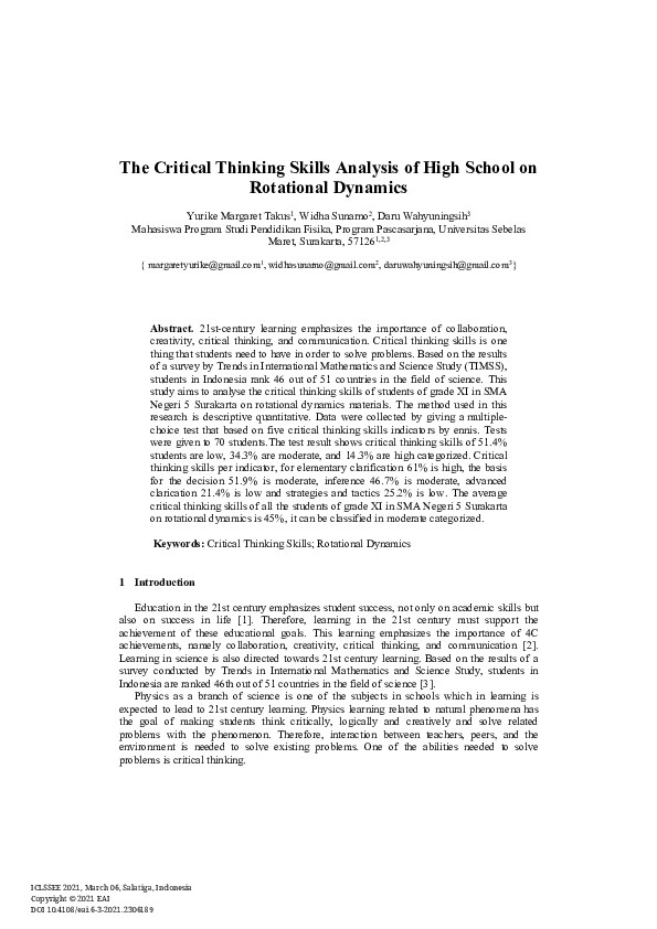 (PDF) The Critical Thinking Skills Analysis of High School on ...