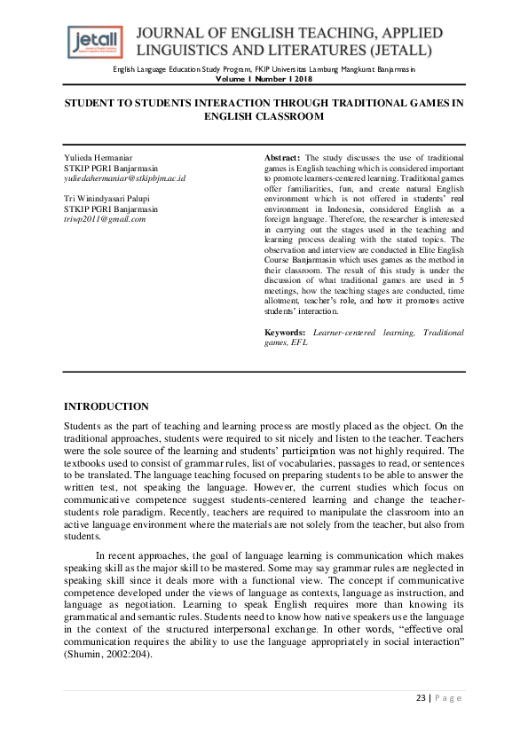 (PDF) Student to Students Interaction Through Traditional Games in ...