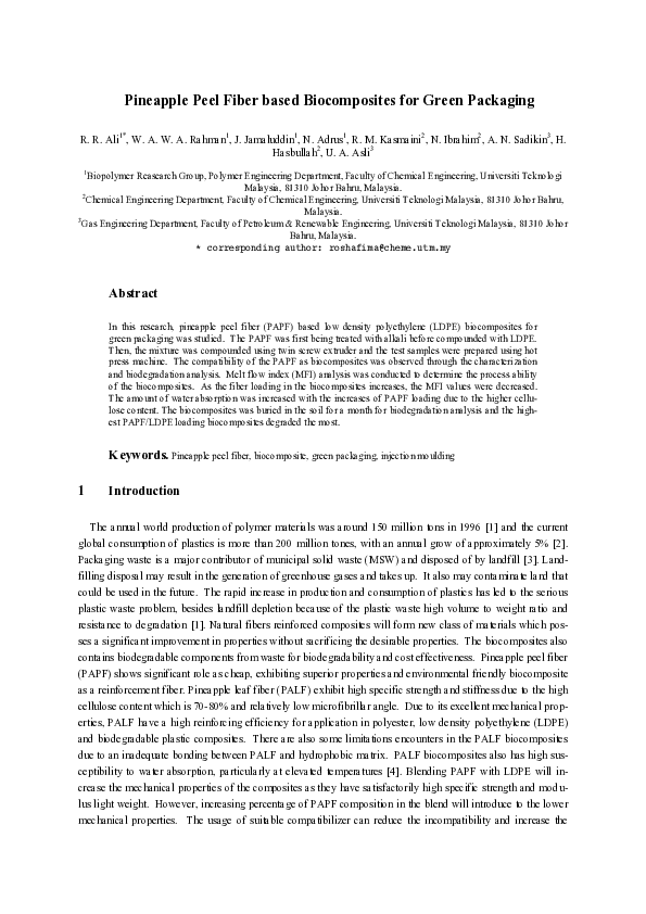 (PDF) Pineapple peel fiber based biocomposites for green packaging