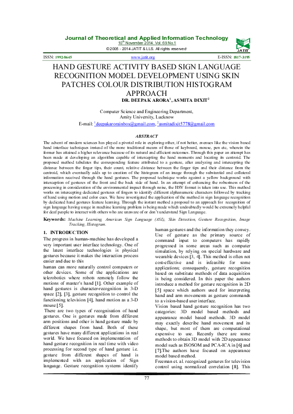 (PDF) Hand Gesture Activity Based Sign Language Recognition Model Development Using Skin Patches ...