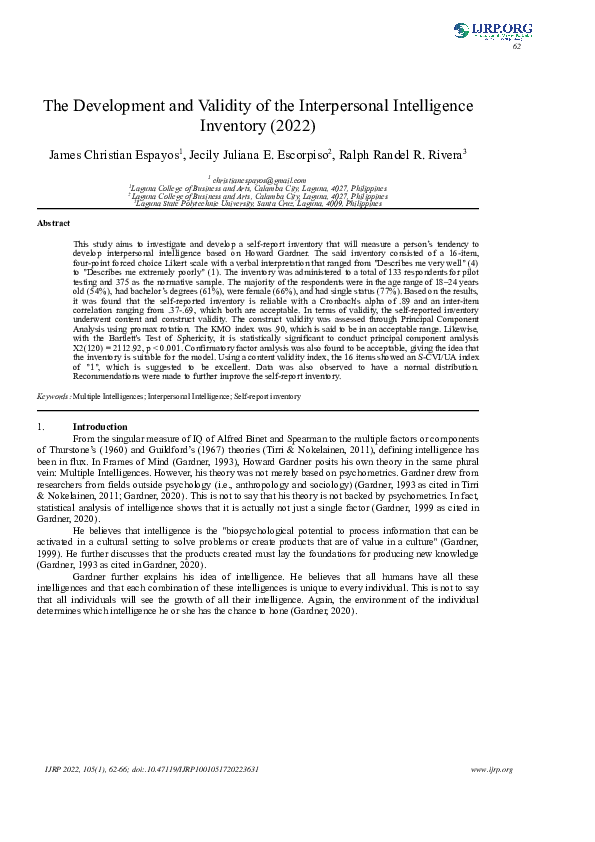 Pdf The Development And Validity Of The Interpersonal Intelligence