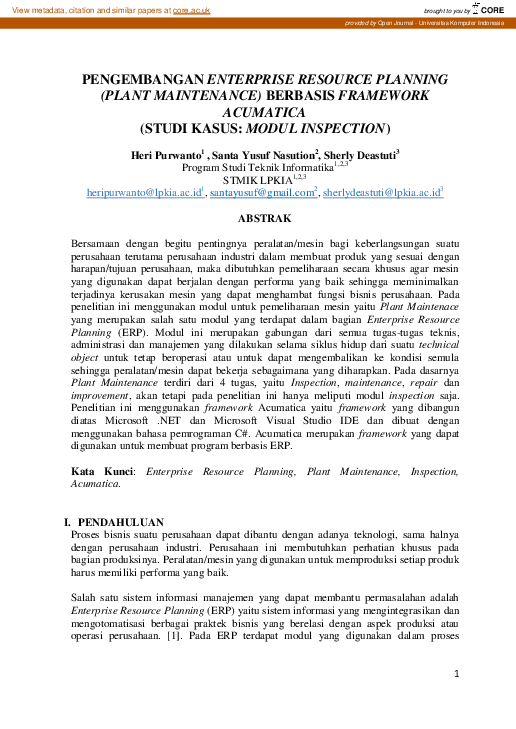 (PDF) Pengembangan Enterprise Resource Planning (Plant Maintenance) Berbasis Framework Acumatica ...