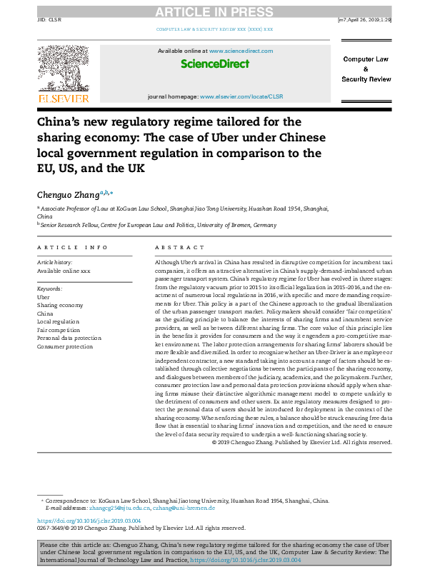 (PDF) China's new regulatory regime tailored for the sharing economy ...