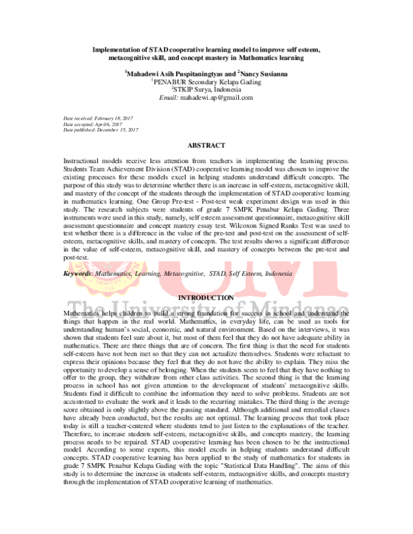 Pdf Implementation Of Stad Cooperative Learning Model To Improve Self Esteem Metacognitive