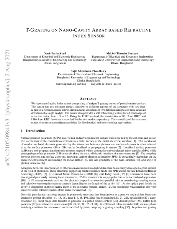 Pdf T Grating On A Nano Cavity Array Based Refractive Index Sensor