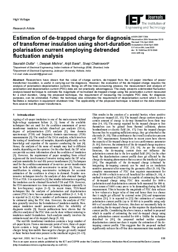 Pdf Estimation Of De‐trapped Charge For Diagnosis Of Transformer Insulation Using Short