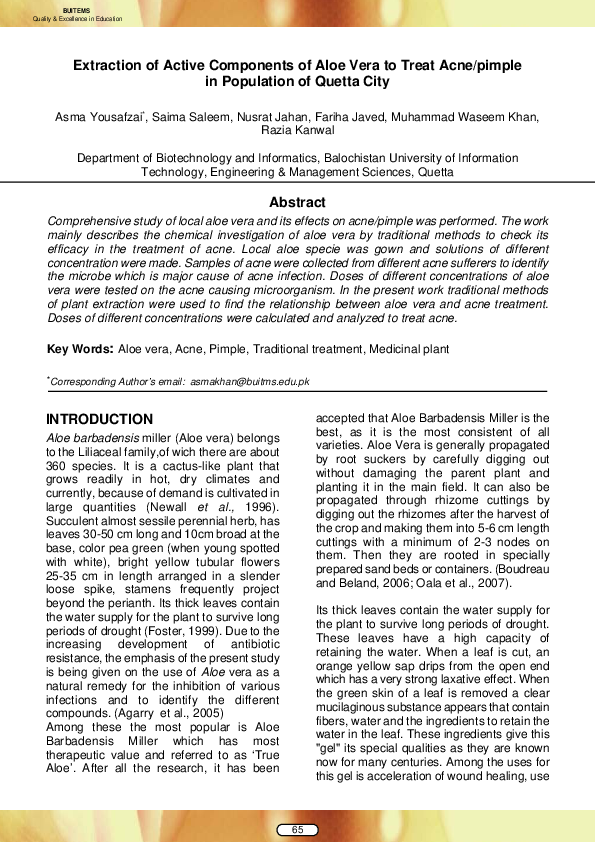 (PDF) Extraction of Active Components of Aloe Vera to Treat Acne/pimple ...