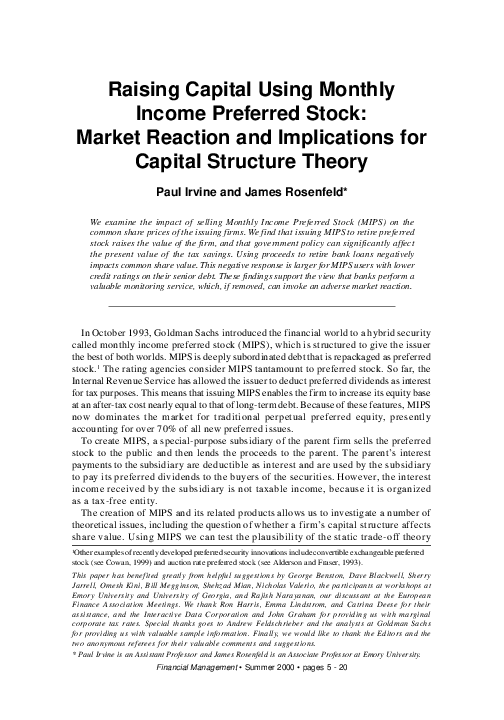 (PDF) Raising Capital Using Monthly Income Preferred Stock: Market ...