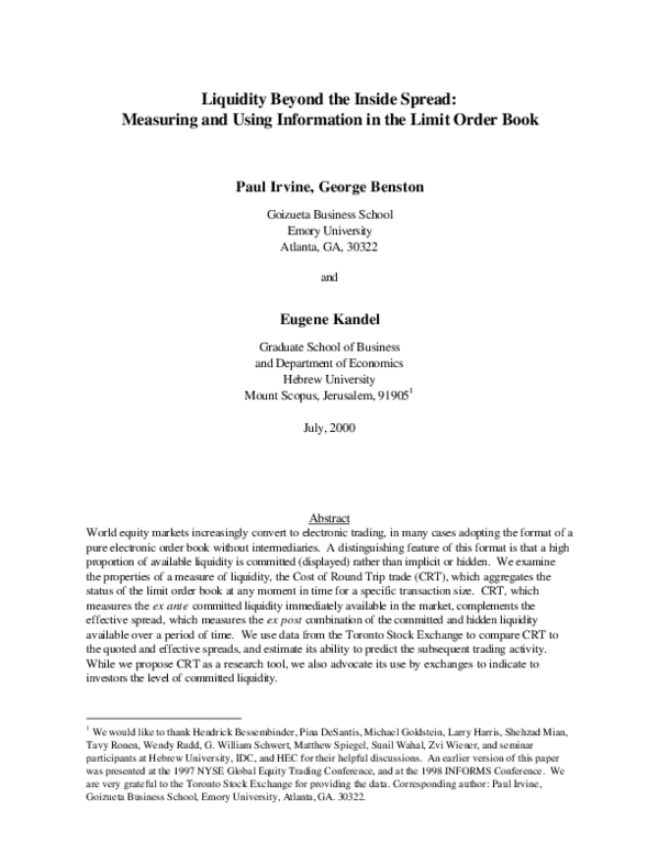 (PDF) Liquidity Beyond the Inside Spread: Measuring and Using ...