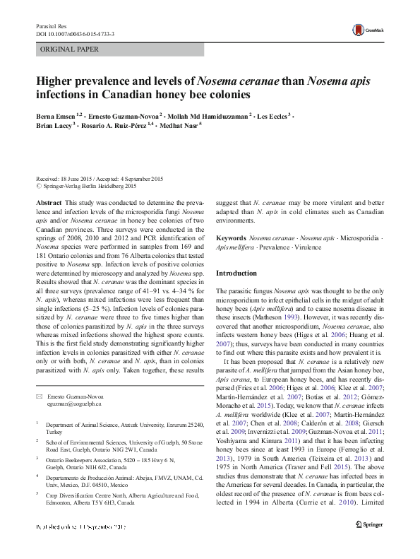 (PDF) Higher prevalence and levels of Nosema ceranae than Nosema apis ...