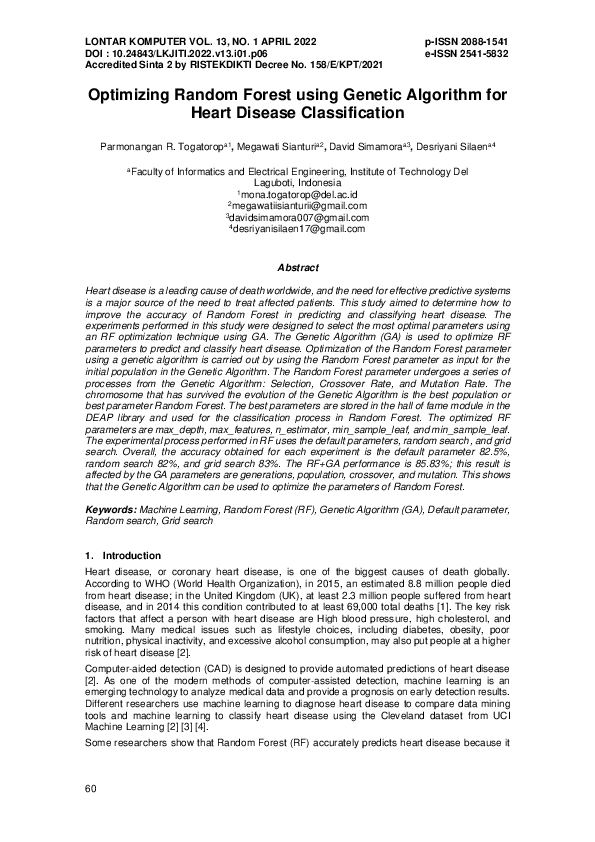 (PDF) Optimizing Random Forest using Genetic Algorithm for Heart Disease Classification