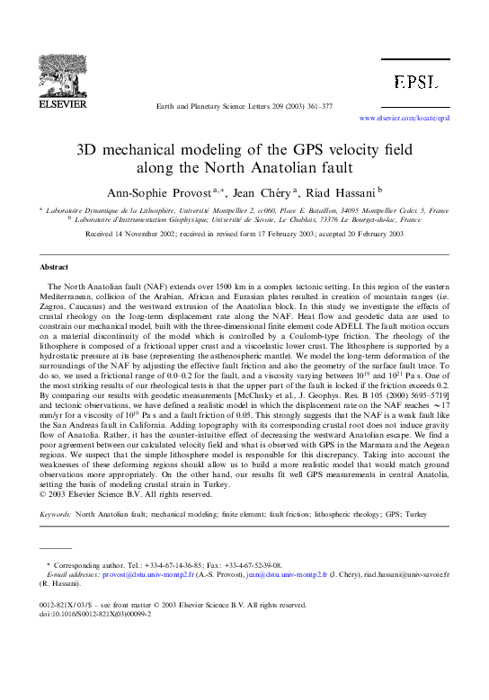 (PDF) 3D mechanical modeling of the GPS velocity field along the North Anatolian fault