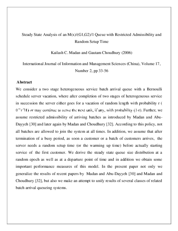 Pdf Steady State Analysis Of An Mxg1g21 Queue With Restricted