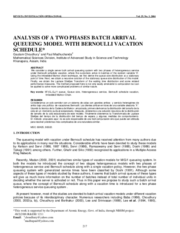 Pdf Analysis Of A Two Phases Batch Arrival Queueing Model With Bernoulli Vacation Schedule