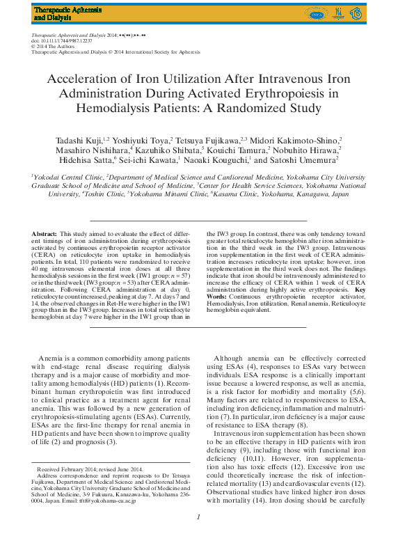 (PDF) Acceleration of Iron Utilization After Intravenous Iron ...