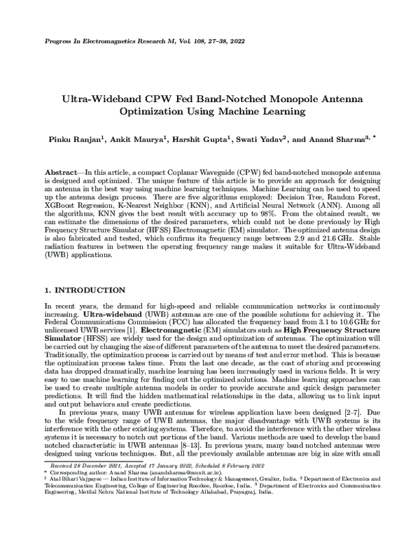 (PDF) Ultra-Wideband CPW Fed Band-Notched Monopole Antenna Optimization Using Machine Learning