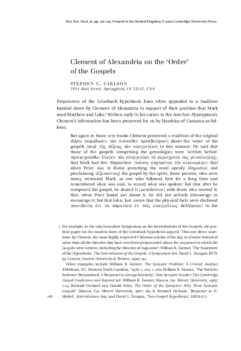 (PDF) Clement of Alexandria on the ‘Order’ of the Gospels