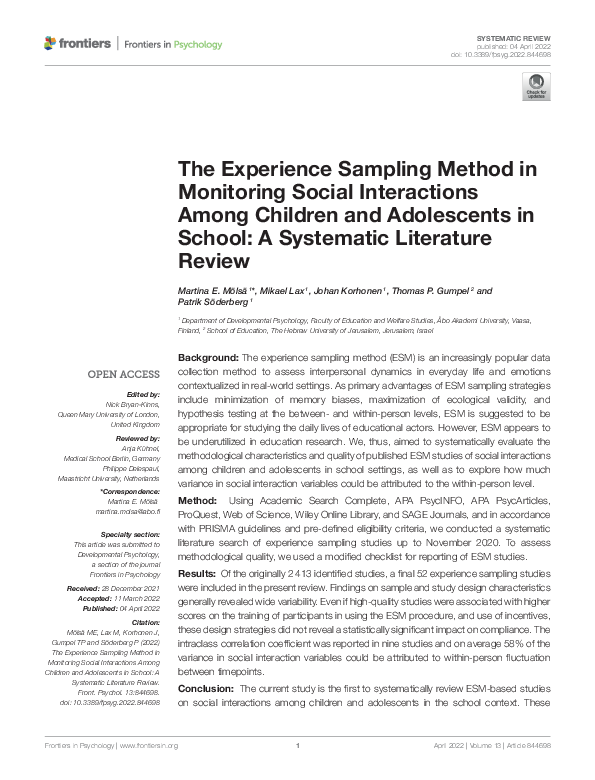 (PDF) The Experience Sampling Method in Monitoring Social Interactions Among Children and ...
