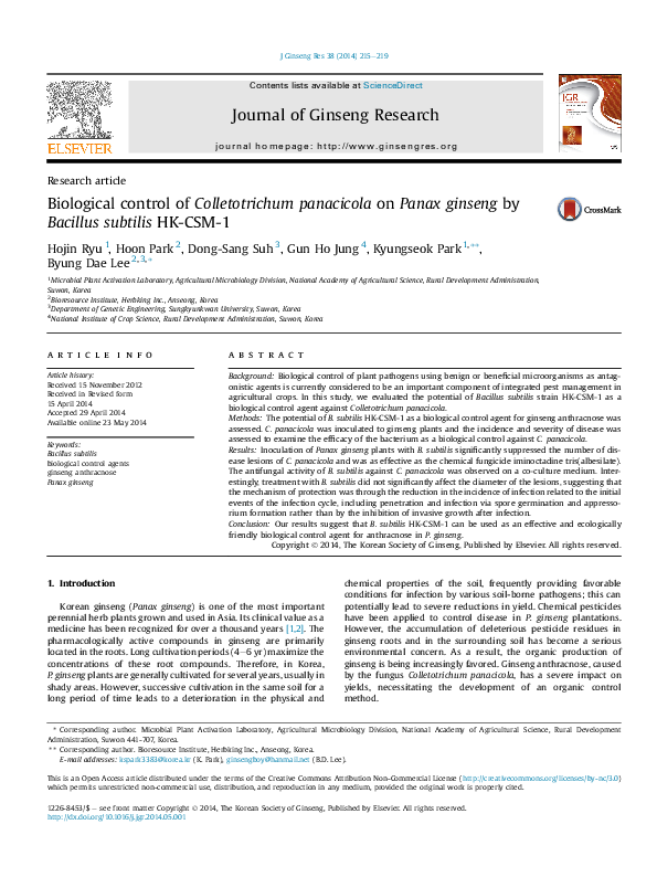(PDF) Biological control of Colletotrichum panacicola on Panax ginseng by Bacillus subtilis HK ...