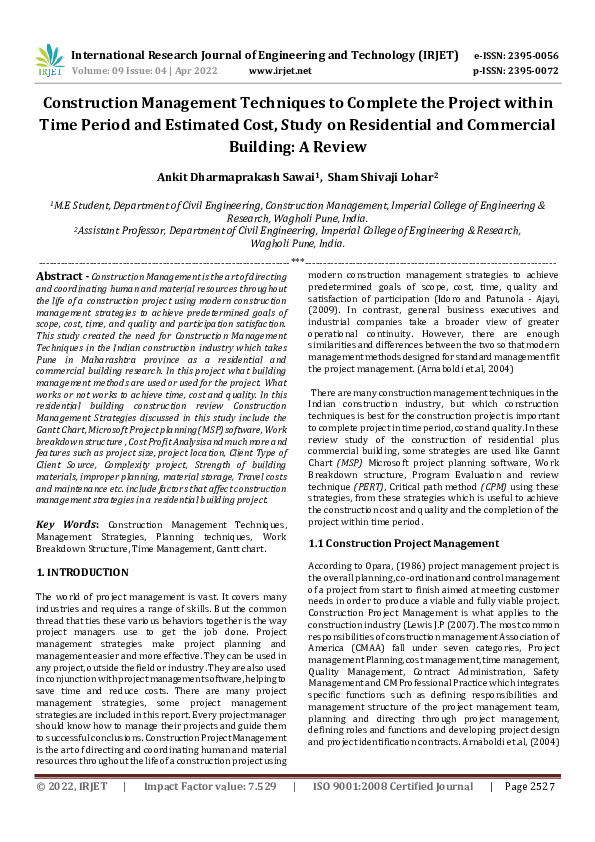 (PDF) Construction Management Techniques to Complete the Project within ...