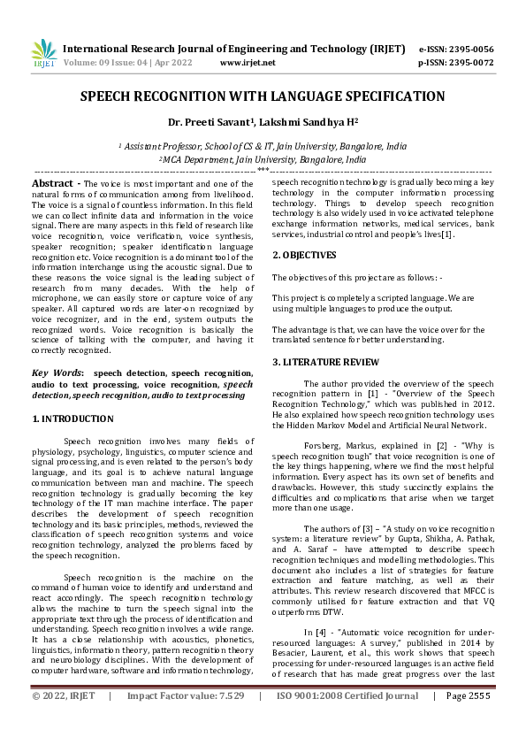 Pdf Speech Recognition With Language Specification