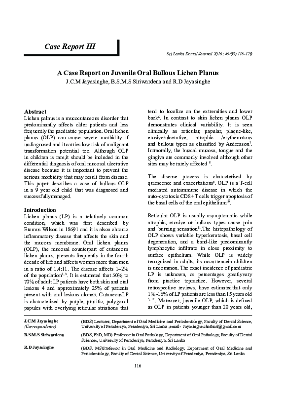 (PDF) III A Case Report on Juvenile Oral Bullous Lichen Planus | Samadara Siriwardena - Academia.edu