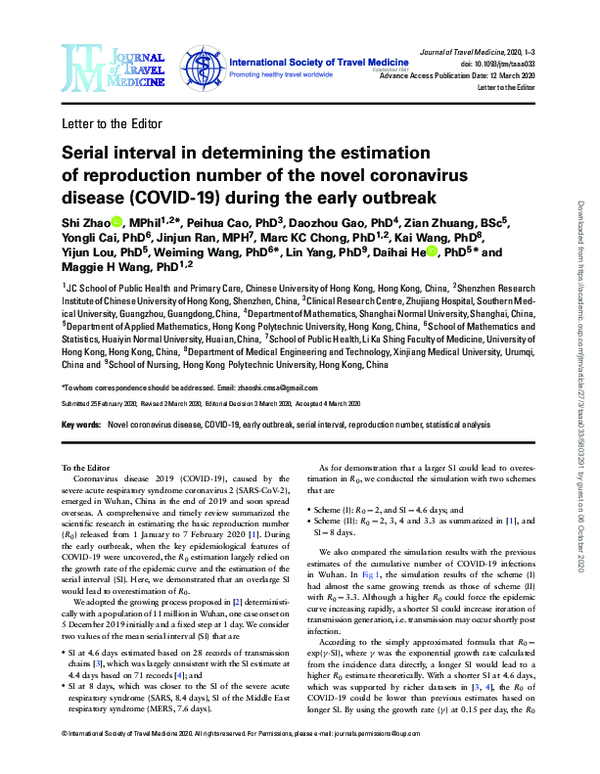 (PDF) Serial interval in determining the estimation of reproduction ...