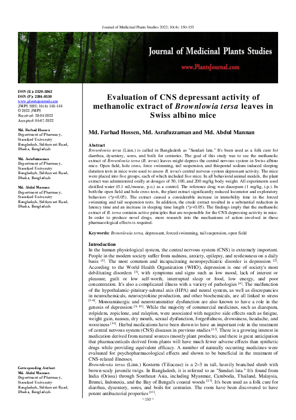 (PDF) Evaluation of CNS depressant activity of methanolic extract of ...