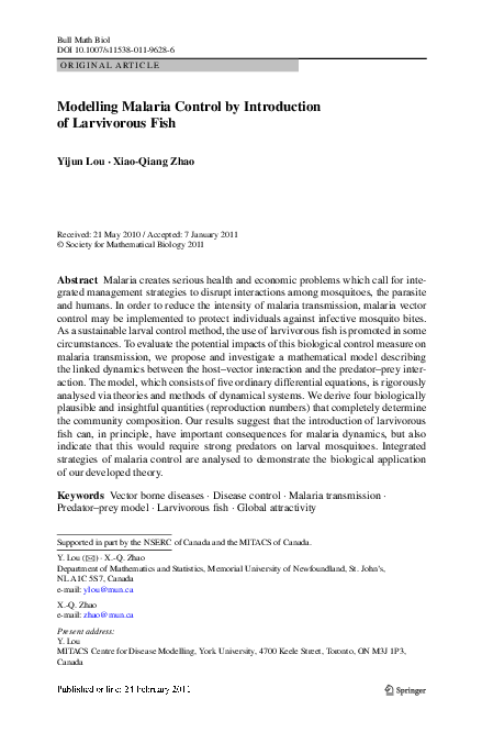 (PDF) Modelling Malaria Control by Introduction of Larvivorous Fish