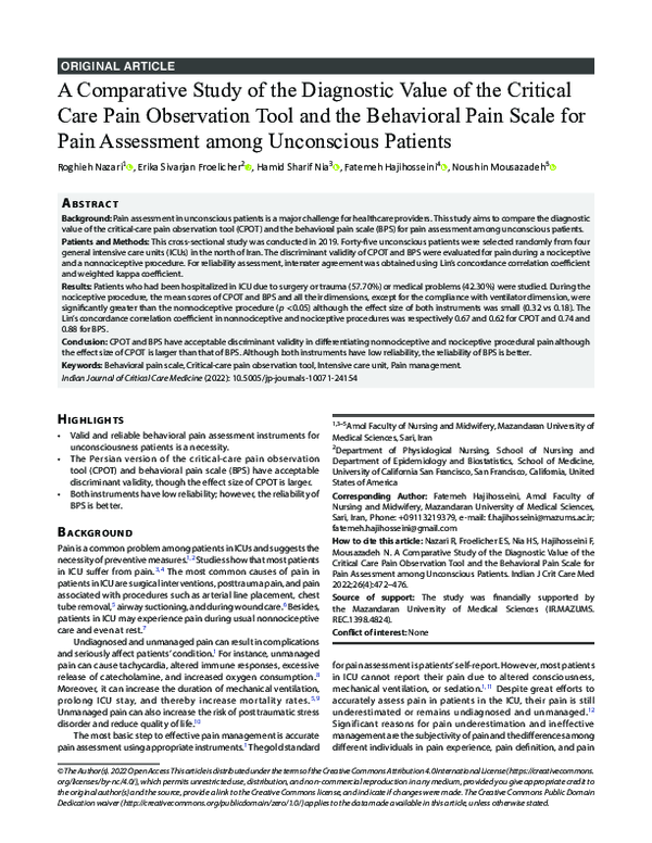 (PDF) Diagnostic Values of the Critical Care Pain Observation Tool and ...