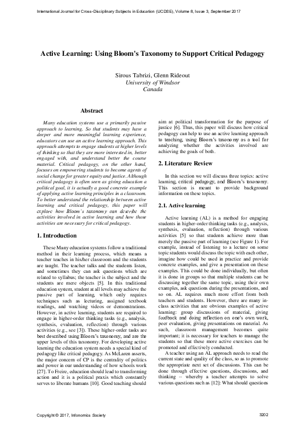 (PDF) Active Learning: Using Bloom's Taxonomy to Support Critical Pedagogy