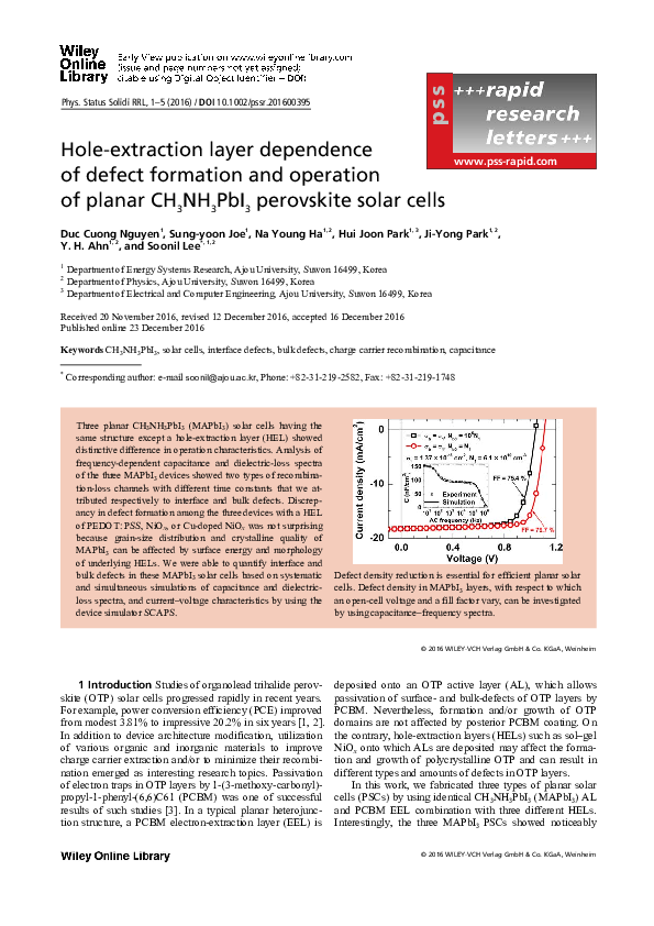 (PDF) p s s Hole-extraction layer dependence of defect formation and operation of planar CH 3 NH ...
