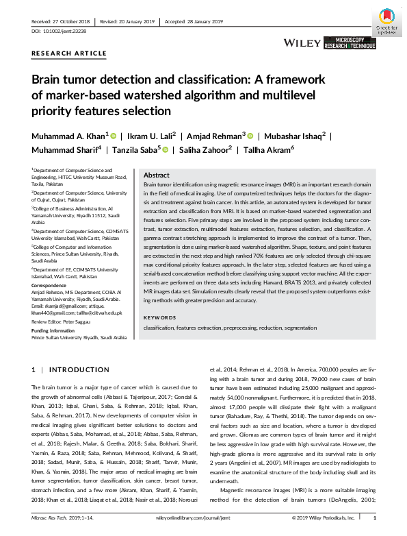 Pdf Brain Tumor Detection And Classification A Framework Of Marker‐based Watershed Algorithm