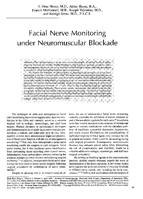 (PDF) Facial Nerve Monitoring under Neuromuscular Blockade