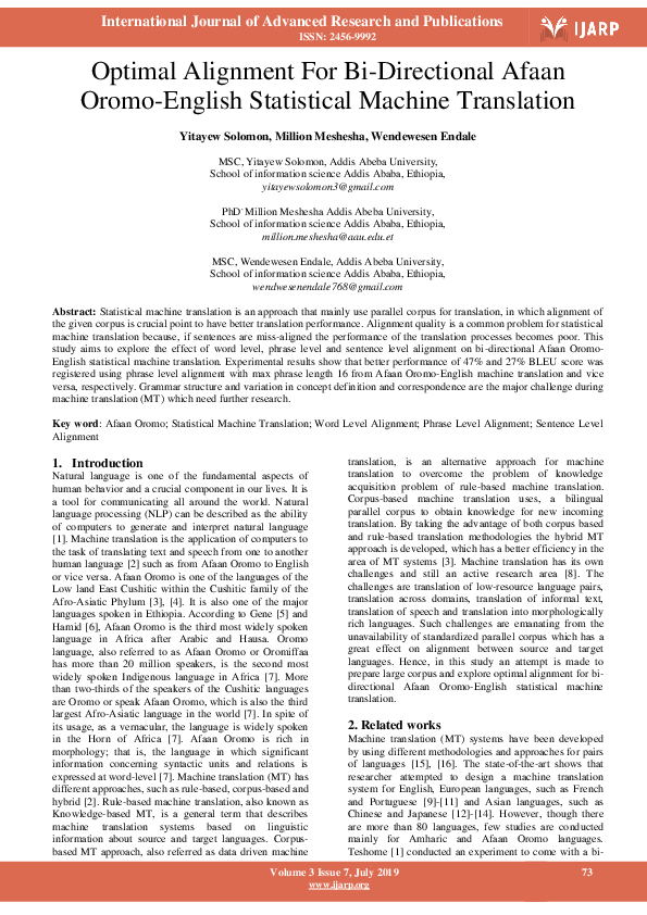 (PDF) Optimal Alignment for Bi-directional Afaan Oromo-English ...