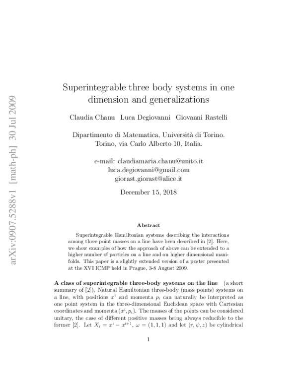(PDF) Superintegrable three body systems in one dimension and ...