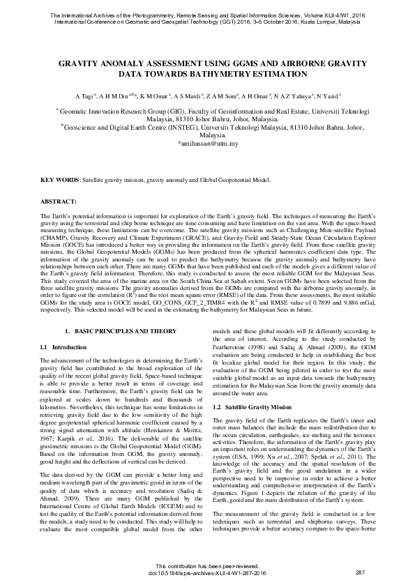 (PDF) Gravity Anomaly Assessment Using GGMS and Airborne Gravity Data Towards Bathymetry Estimation