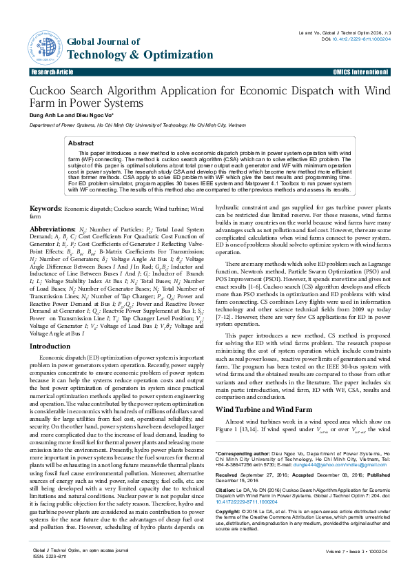 Pdf Cuckoo Search Algorithm Application For Economic Dispatch With Wind Farm In Power Systems