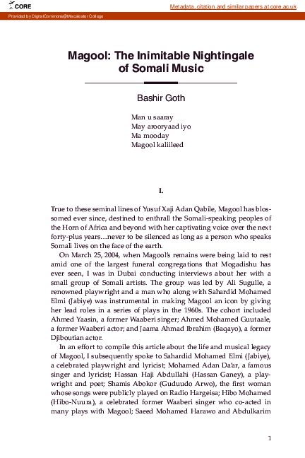 (PDF) Magool: the inimitable nightingale of Somali music
