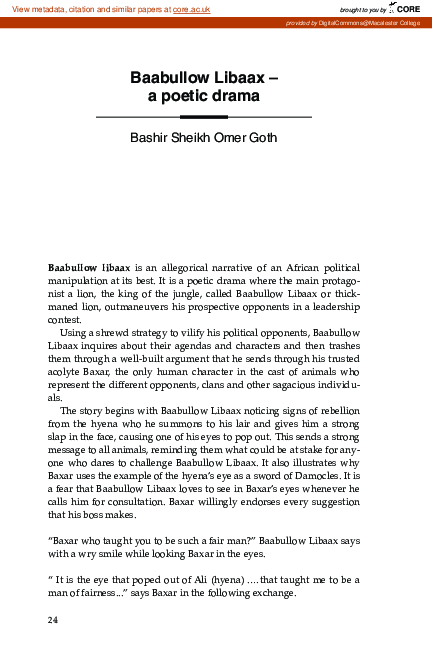 (PDF) Baabullow Libaax – a poetic drama